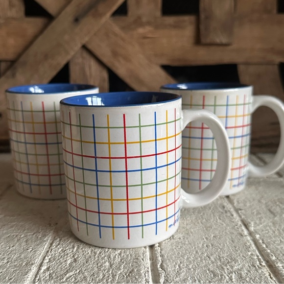 Dining | Vintage 8s Grid Primary Colors Mugs Set Of Three | Poshmark